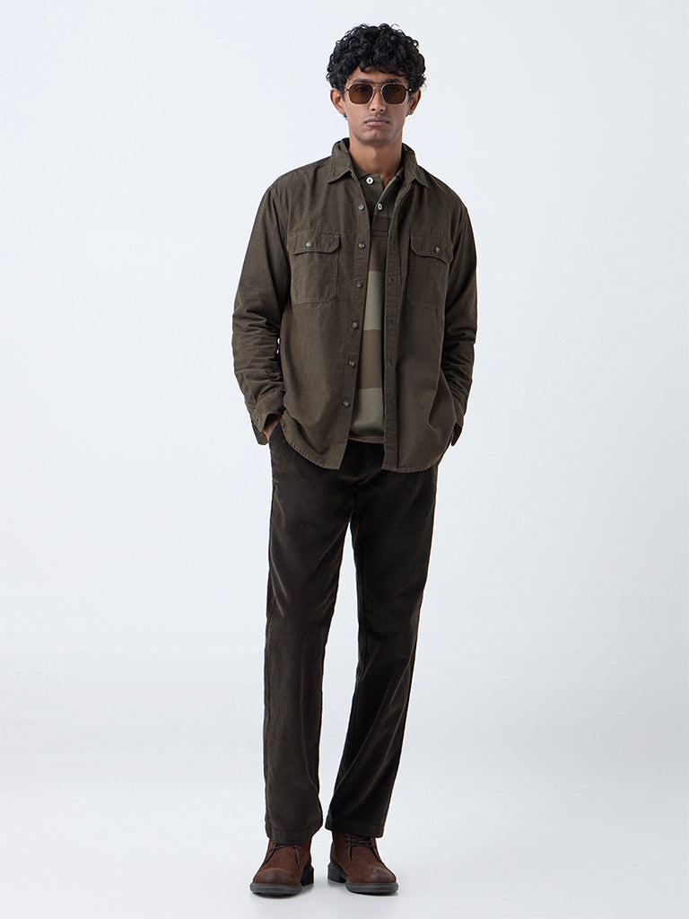 Buy WES Casuals Dark Olive Relaxed Fit Mid-Rise Corduroy Chinos from ...