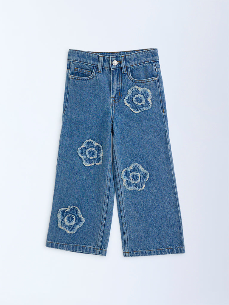 Buy HOP Kids Girls Blue Floral Design High-Rise Relaxed-Fit Jeans from ...