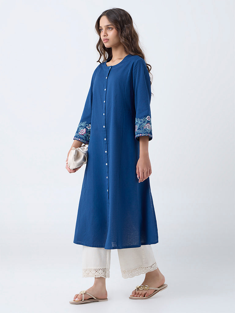 Buy Utsa Blue Floral Embroidered Cotton-Blend A-Line Kurta from Westside