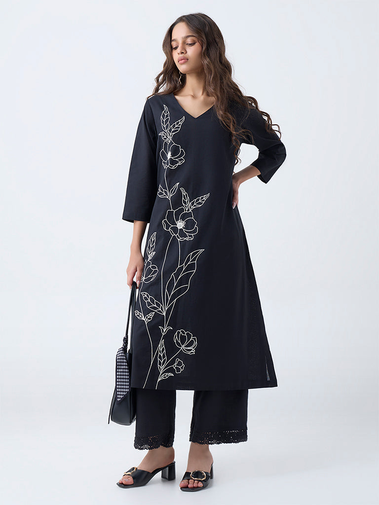 Buy Utsa Black Floral Embroidered Cotton-Blend A-Line Kurta from Westside