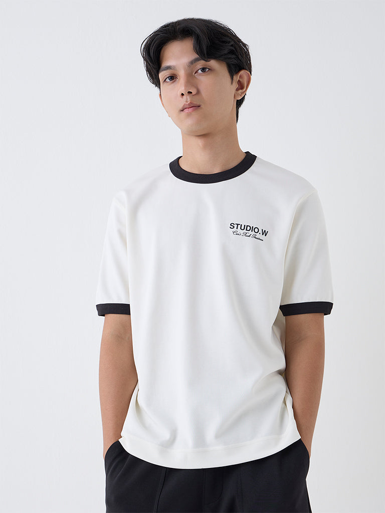 Buy Studiofit Off-White Text Design Relaxed-Fit Cotton-Blend T-Shirt ...