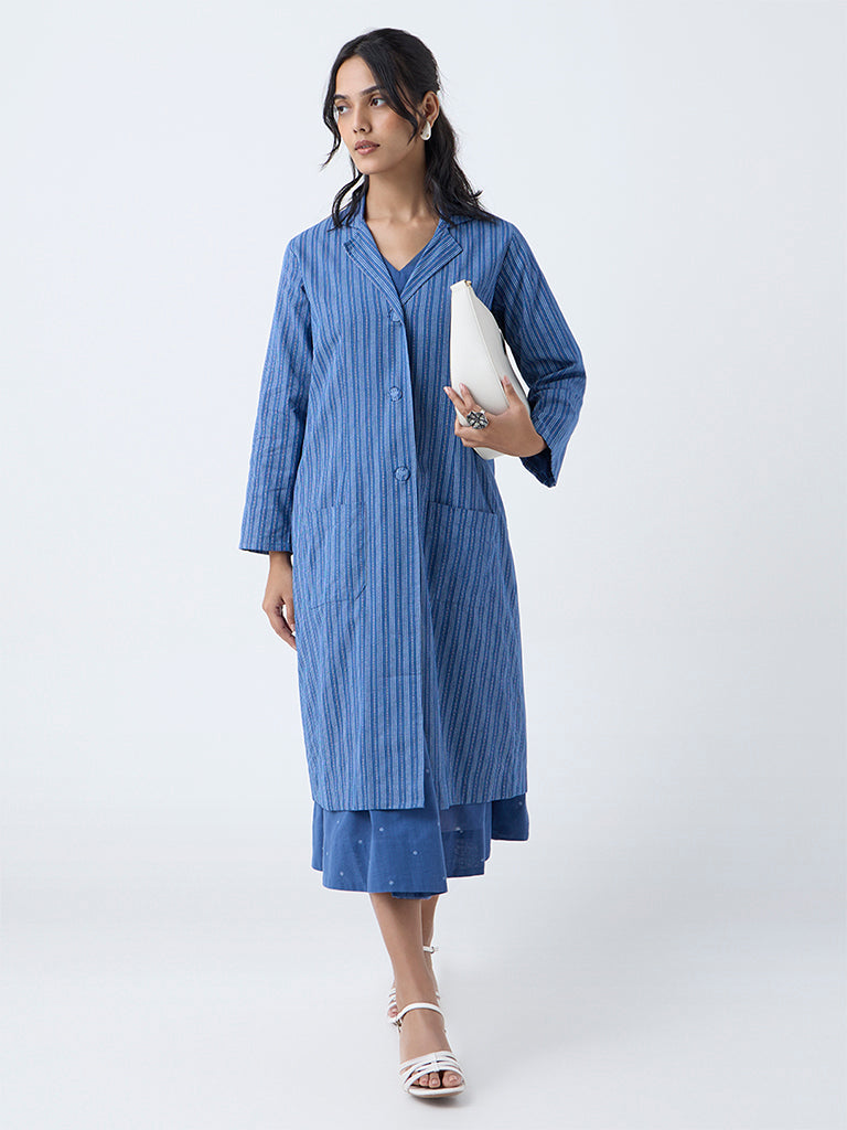 Buy Utsa Blue Stripe Printed Cotton Jacket from Westside