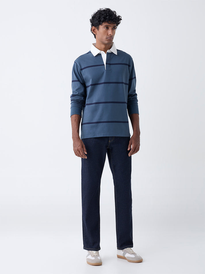 Buy WES Casuals Dusty Blue Striped Relaxed Fit Cotton-Blend Polo T ...