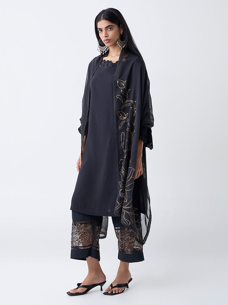 Buy Vark Black Floral Detailed A-Line Ethnic Set from Westside