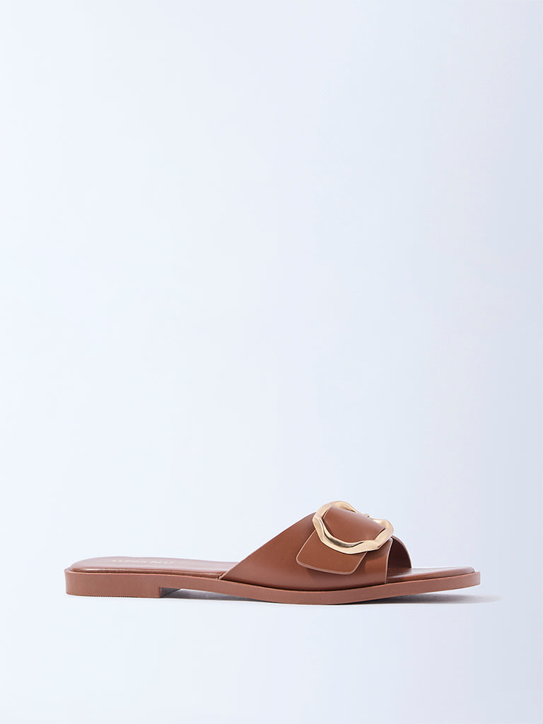 Buy LUNA BLU Tan Buckle-Detailed Slides from Westside