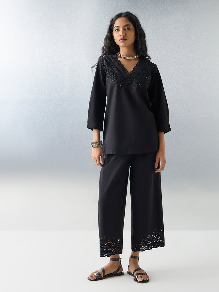 Buy Utsa Black Embroidered Cotton-Blend Tunic from Westside