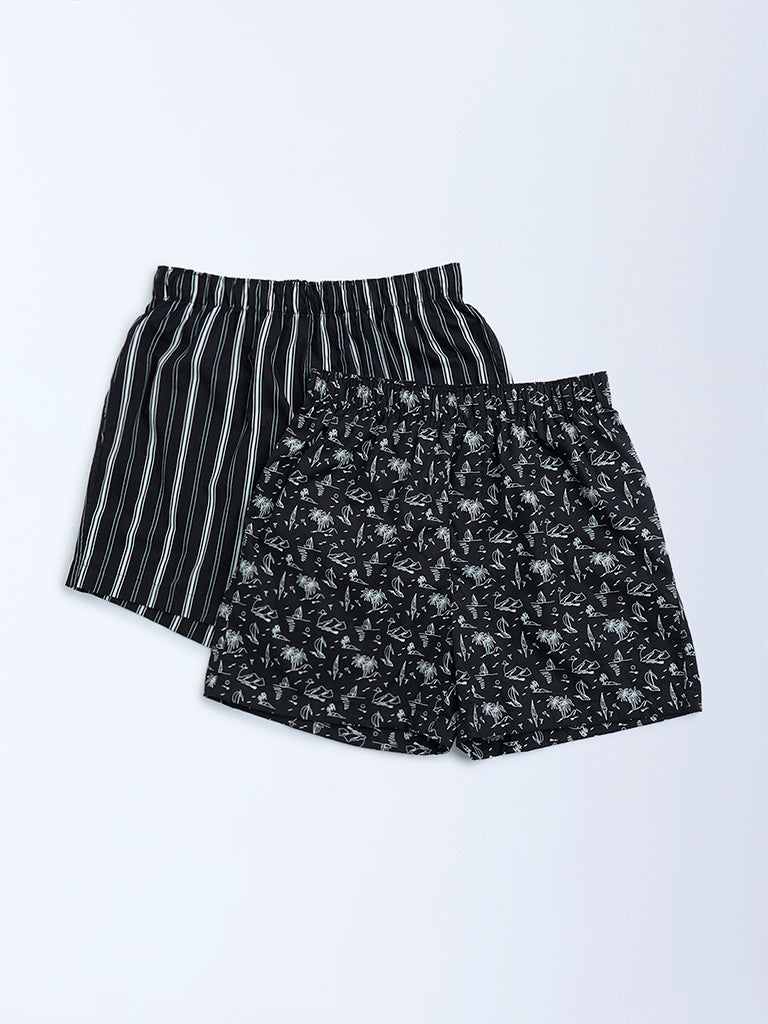 Buy WES Lounge Black Relaxed-Fit Cotton Boxers - Pack of 2 from Westside