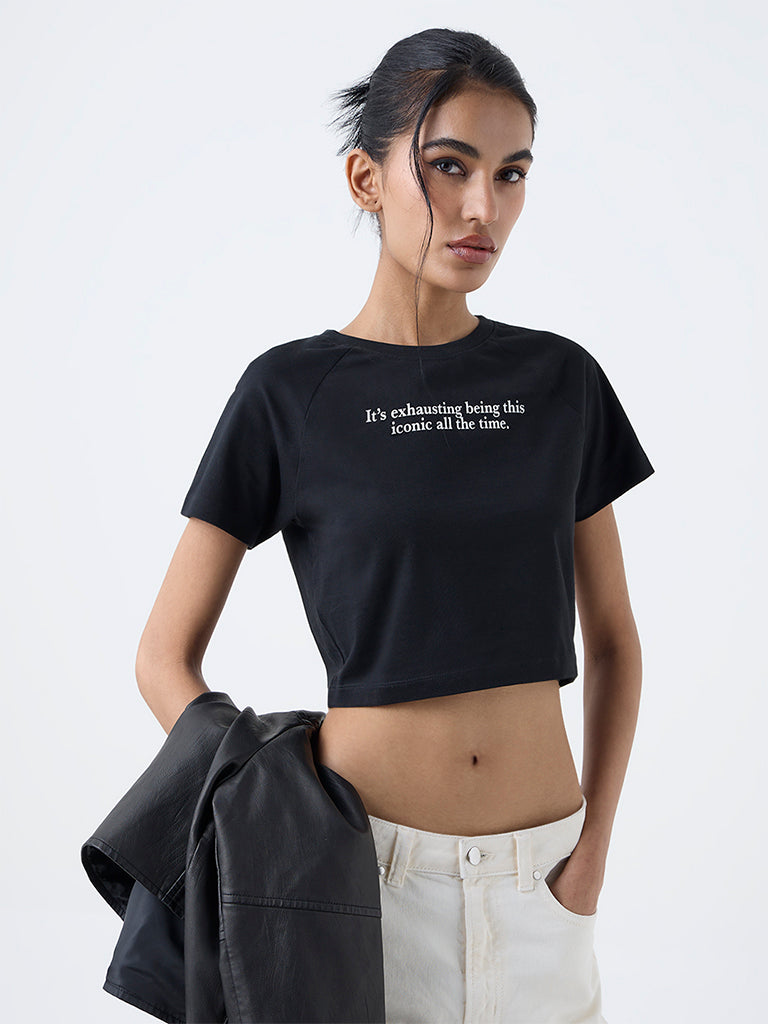 Buy Nuon Black Text Pattern Cotton T-Shirt from Westside