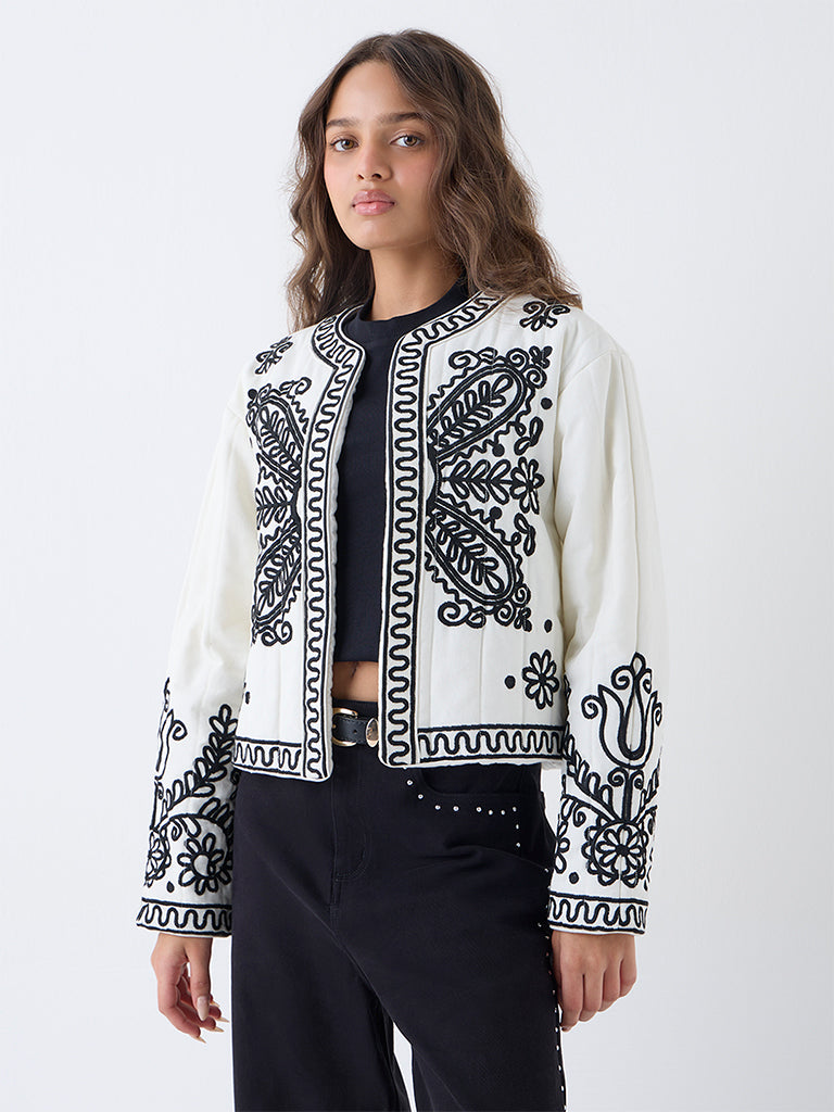 Buy LOV Cream Embroidered Cotton Quilted Jacket from Westside