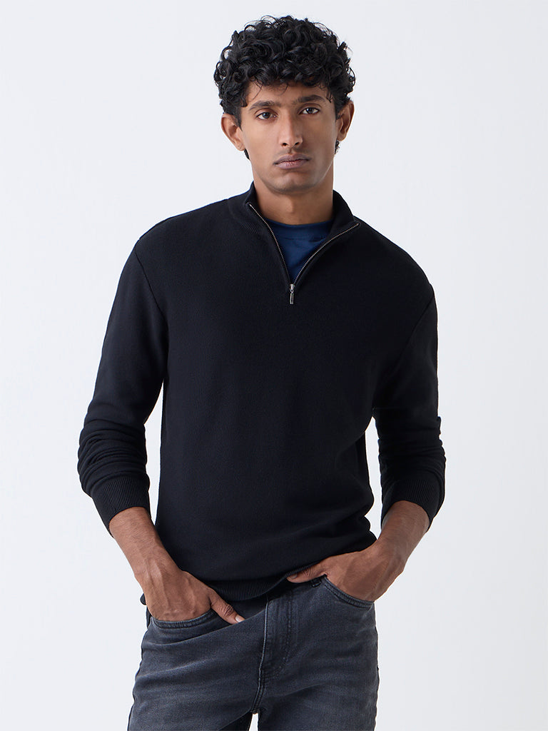 Buy WES Formals Black Knit-Textured Slim-Fit Quarter-Zip Sweater from ...
