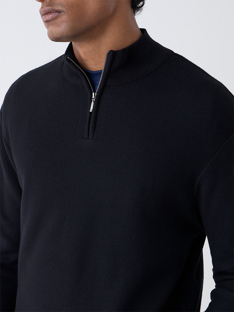 Buy WES Formals Black Knit-Textured Slim-Fit Quarter-Zip Sweater from ...