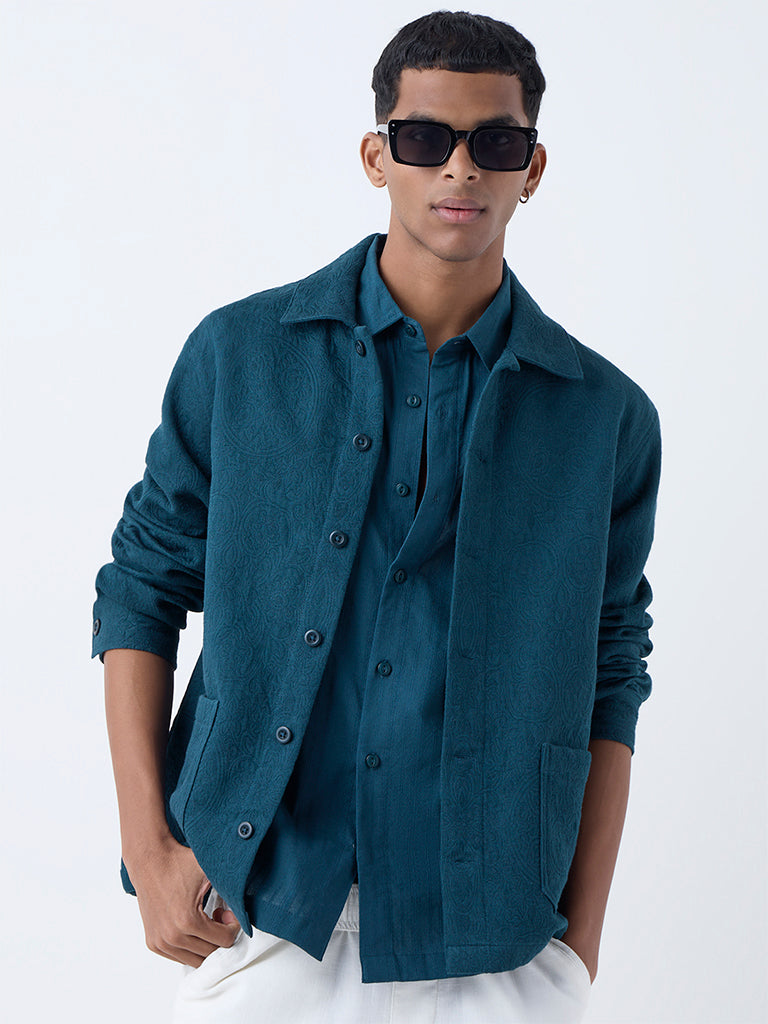 Buy ETA Dark Teal Textured Cotton Jacket from Westside