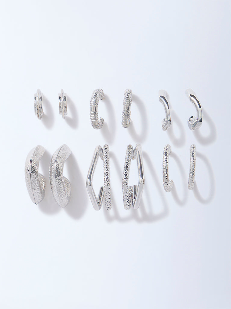 Buy Westside Accessories Silver Textured Hoops - Pack of 6 from Westside