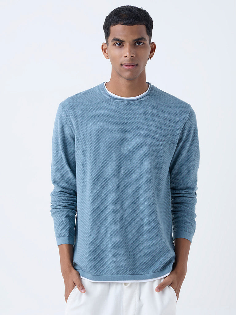 Buy ETA Dusty Blue Textured Relaxed-Fit Cotton Sweater from Westside