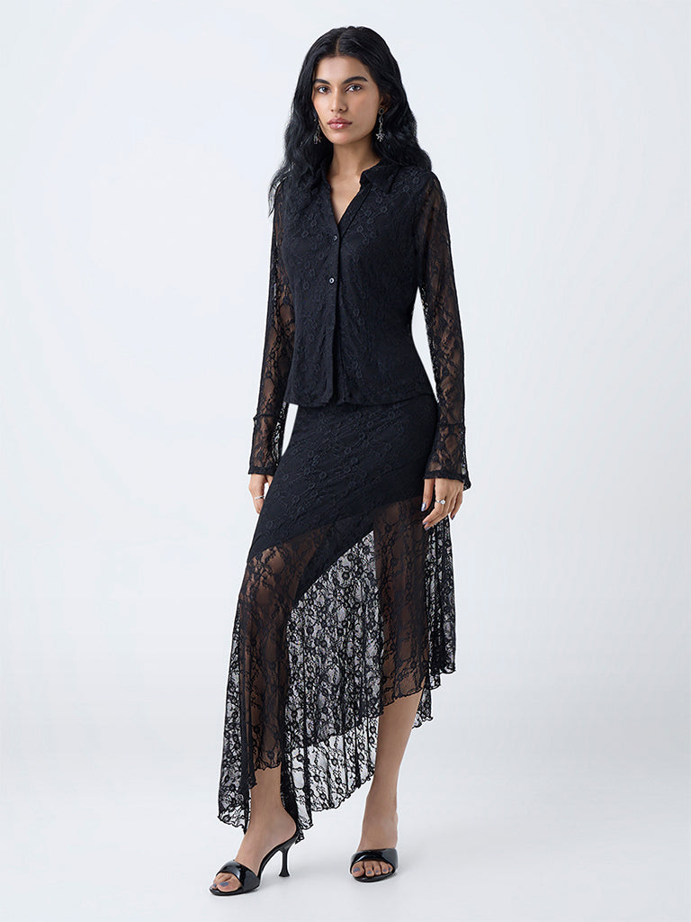 Buy Nuon Black Lace Detailed Asymmetric High-Rise Skirt from Westside