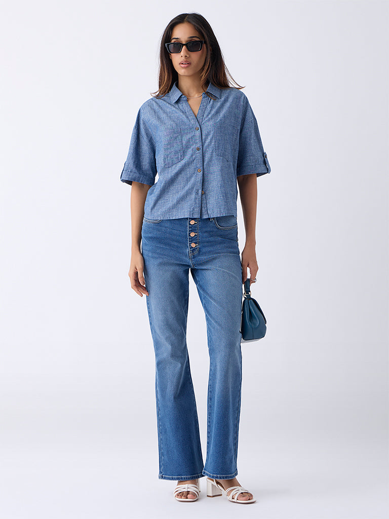 Buy LOV Blue Solid Denim Shirt from Westside