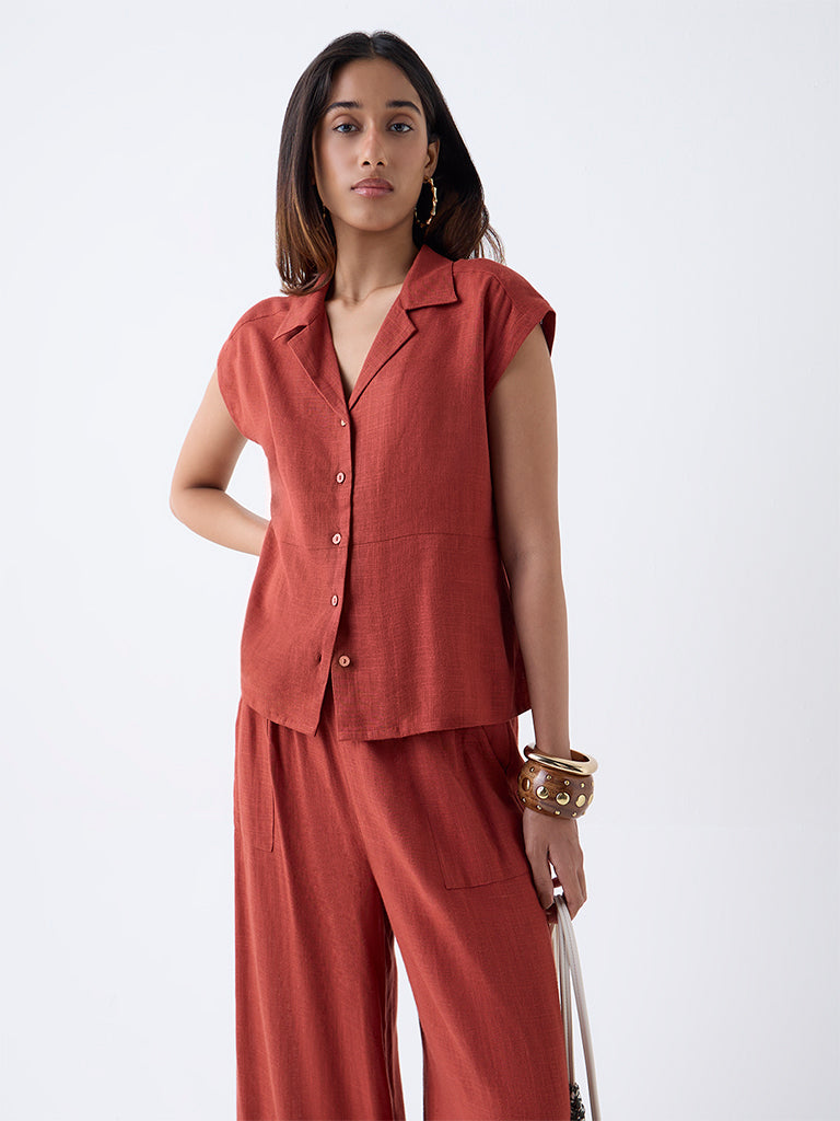 Buy LOV Rust Solid Linen-Blend Shirt from Westside