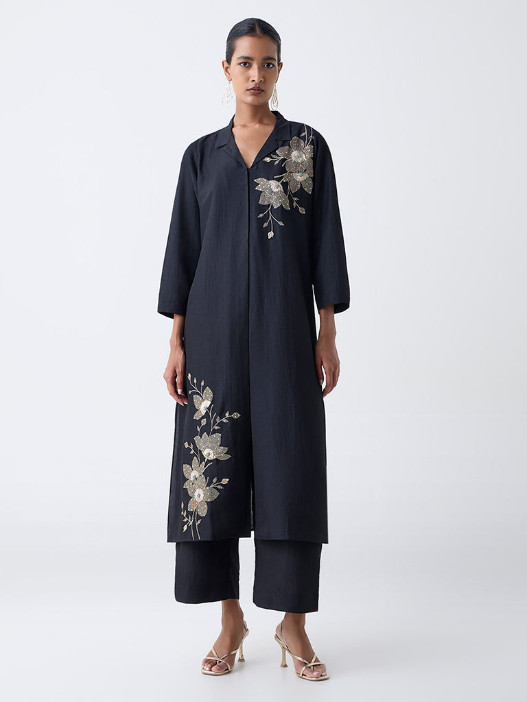 Buy Vark Black Floral Embellished A-Line Ethnic Set from Westside