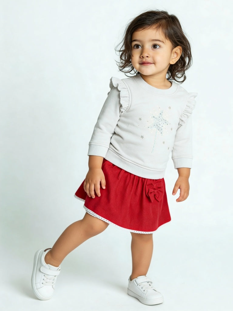 Buy HOP Baby Girls Off-White Embellished Cotton Sweatshirt with Skirt ...