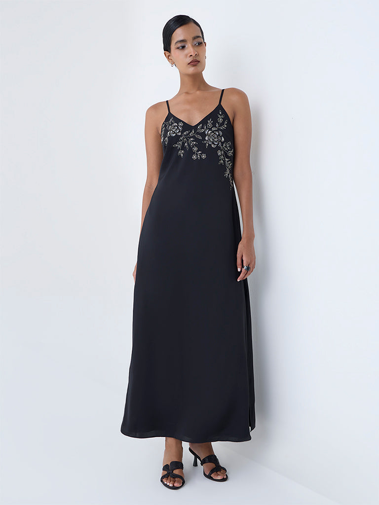 Buy Vark Black Floral Embellished A-Line Dress from Westside