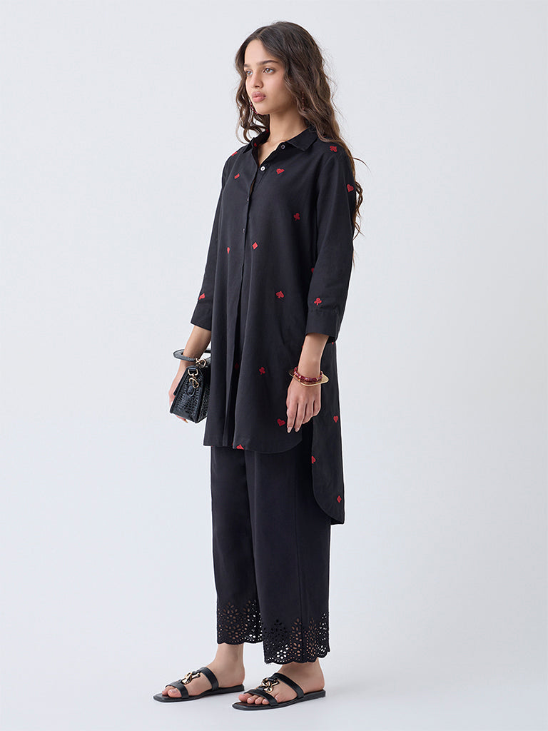 Buy Utsa Black Embroidered Cotton-Blend High-Low Kurta from Westside