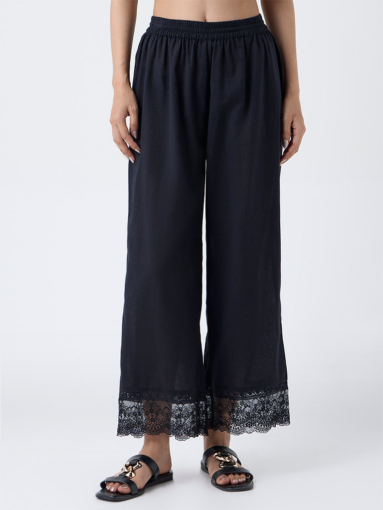 Buy Utsa Black Lace-Detailed Cotton-Blend Ethnic Pants from Westside