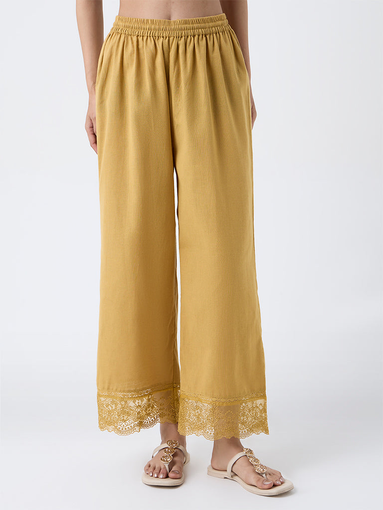 Buy Utsa Mustard Lace-Detailed Cotton-Blend Ethnic Pants from Westside