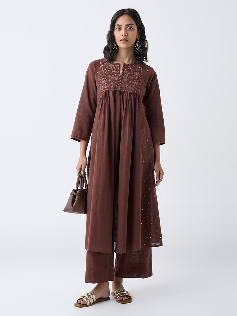 Buy Utsa Brown Embroidered Cotton Anarkali Kurta from Westside