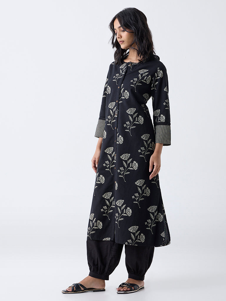 Buy Utsa Black Floral Design Cotton-Blend A-Line Kurta from Westside