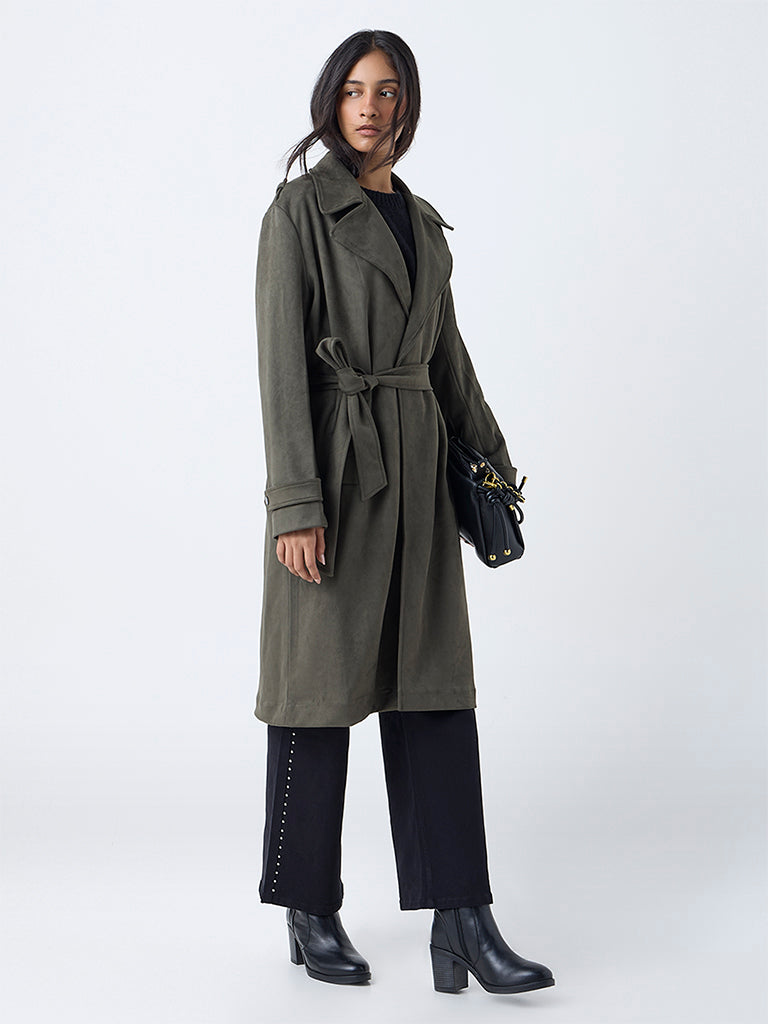 Buy LOV Olive Suede Jacket with Belt from Westside