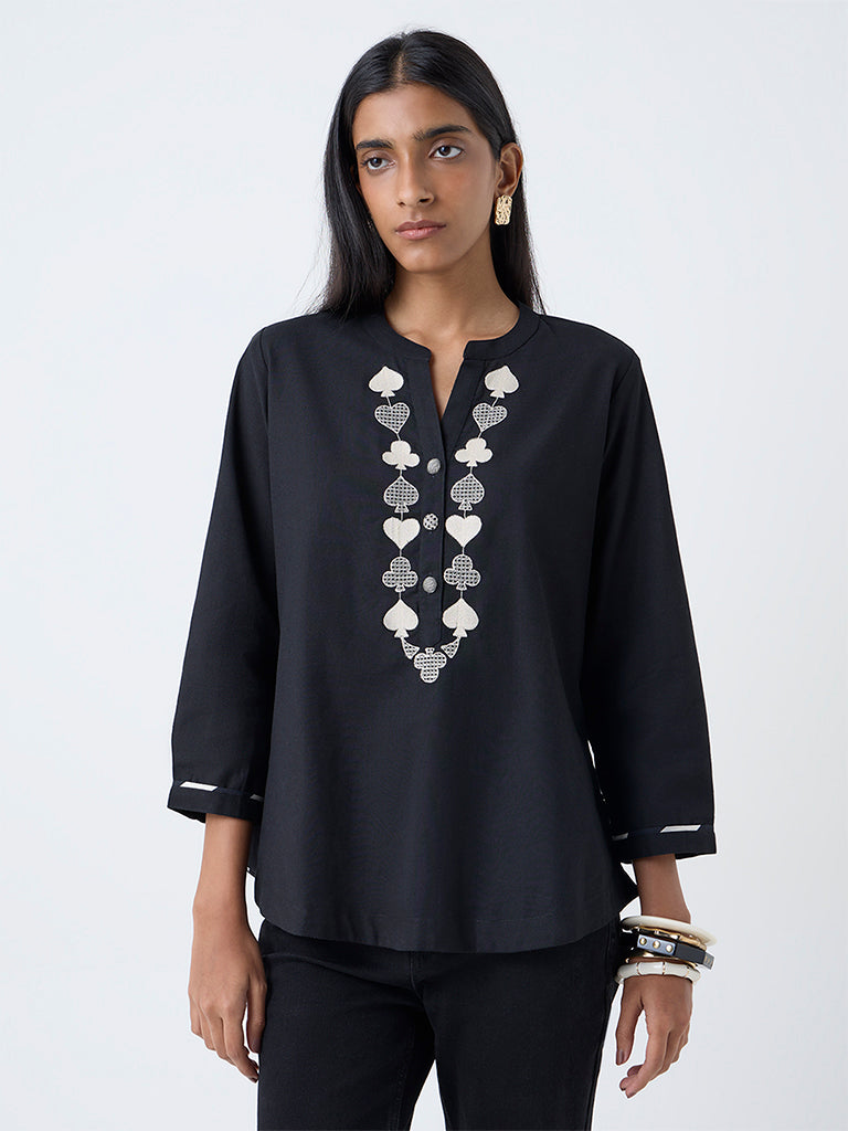 Buy Utsa Black Embroidered Cotton-Blend Tunic from Westside