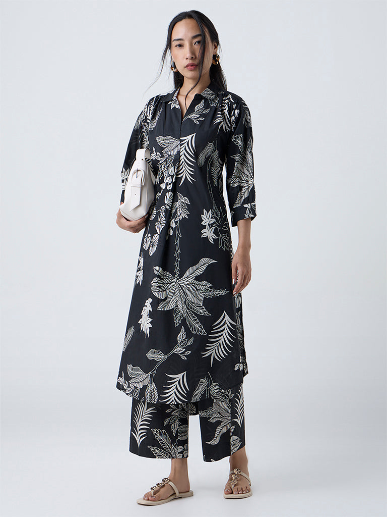 Buy Utsa Black Foliage Design Cotton A-Line Kurta from Westside