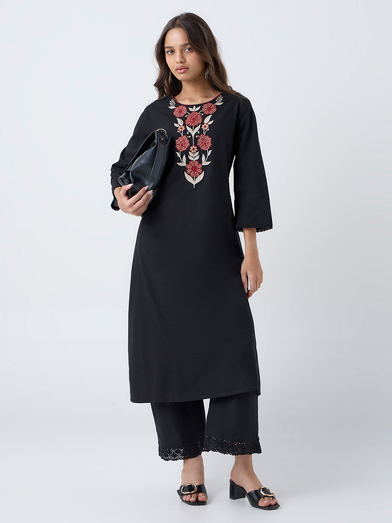 Buy Utsa Black Floral Embroidered Cotton-Blend A-Line Kurta from Westside