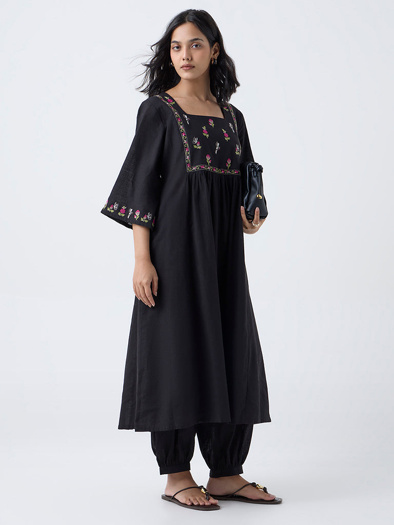 Buy Utsa Black Floral Embroidered Fit-and-Flare Cotton Kurta from Westside