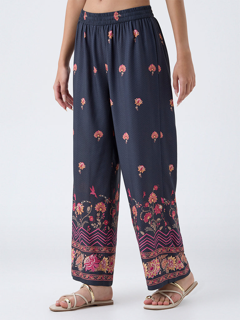 Buy Utsa Black Floral Printed Pants from Westside