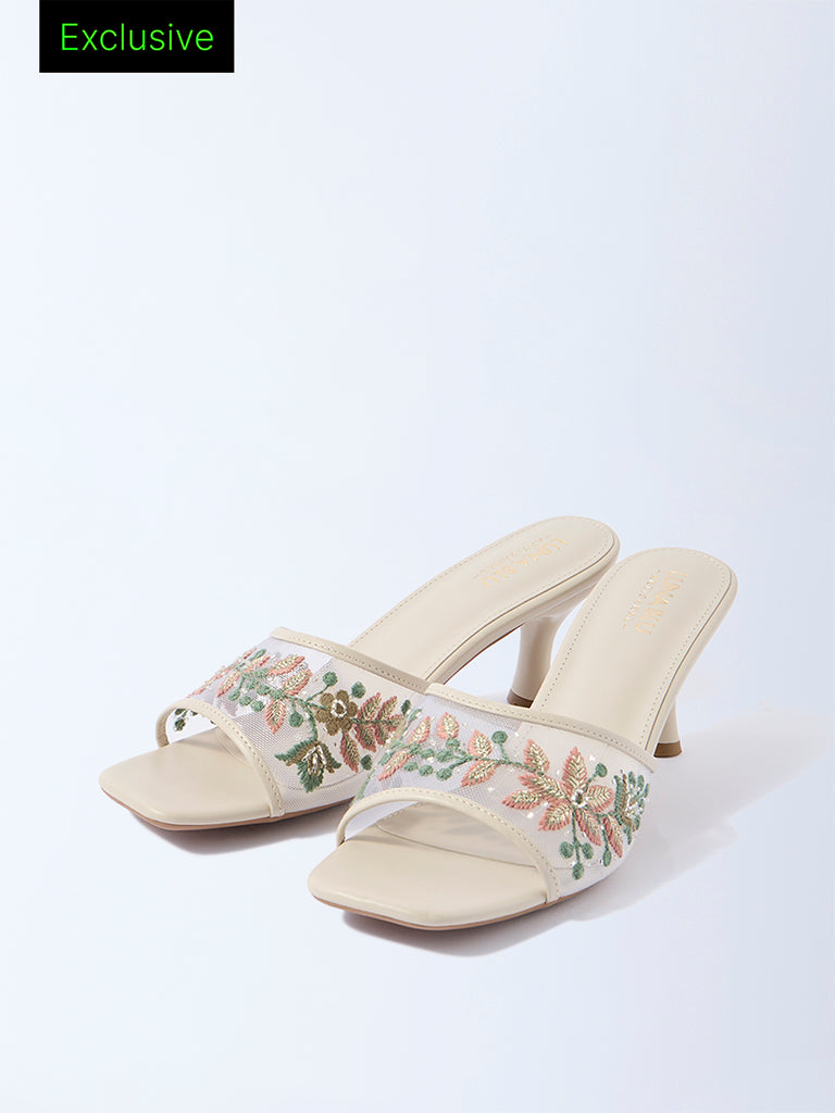 Buy LUNA BLU Ivory Floral Embroidered Kitten Heel Sandals - Exclusive ...