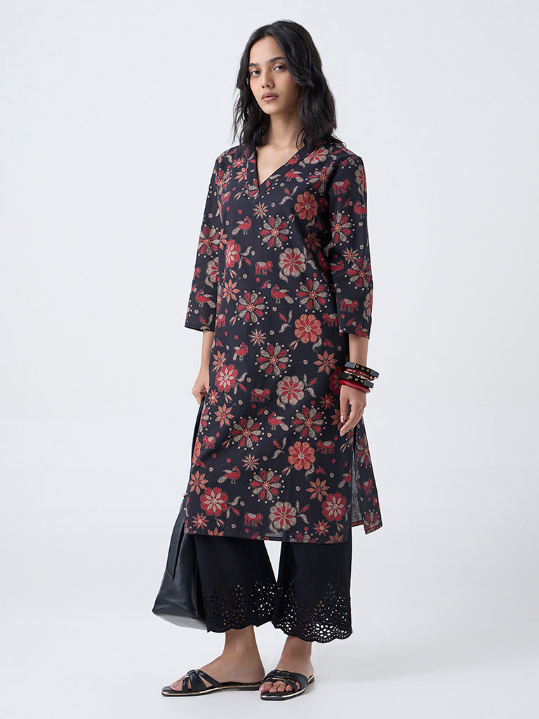 Buy Utsa Black Floral Detailed Straight Cotton Kurta from Westside