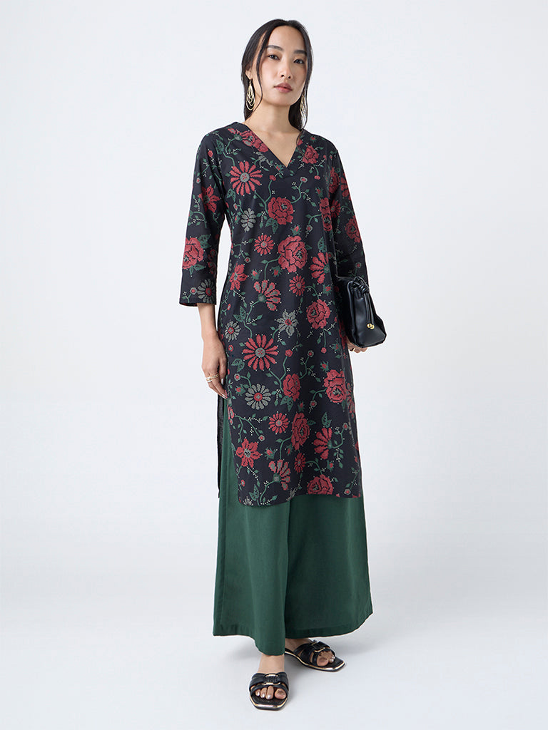 Buy Utsa Black Floral Design Straight Cotton Kurta from Westside