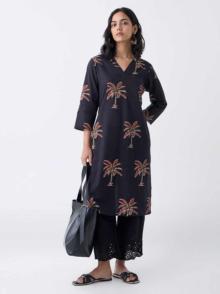 Buy Utsa Black Nature-Inspired Cotton Straight Kurta from Westside