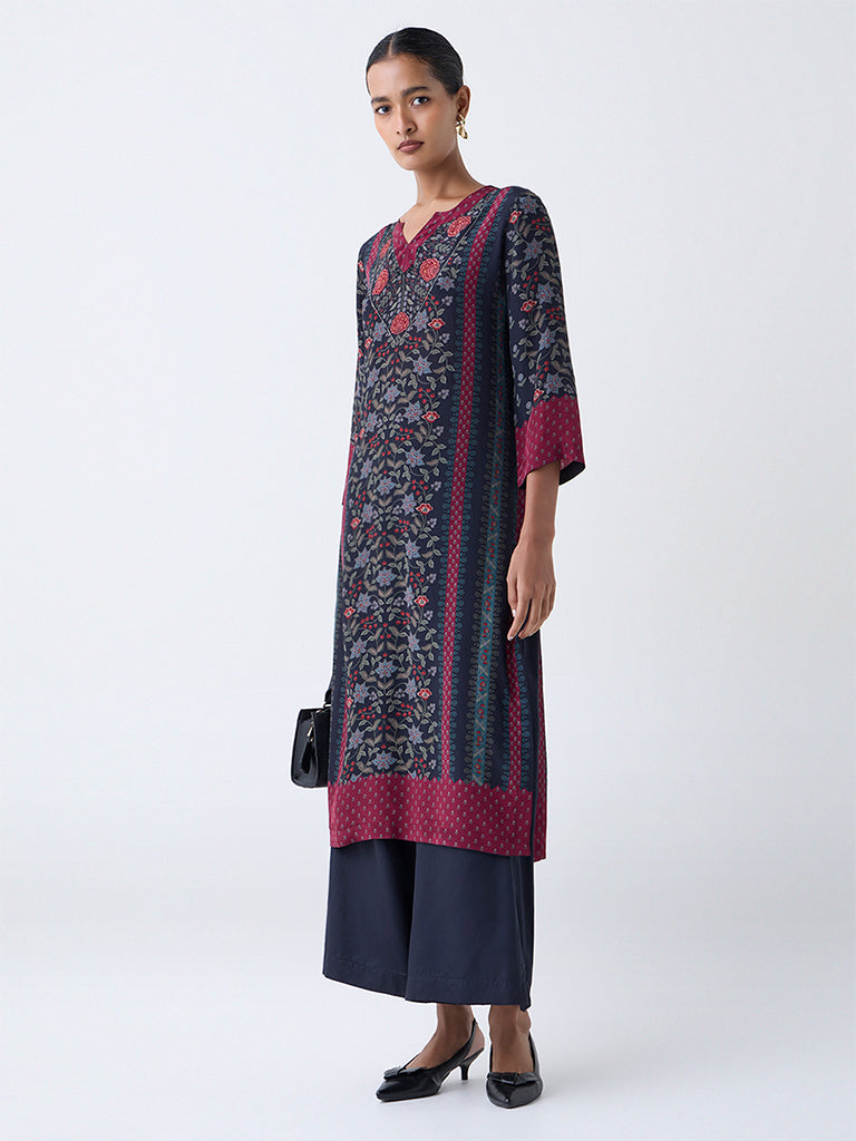 Buy Zuba Black Floral Pattern A-Line Kurta from Westside