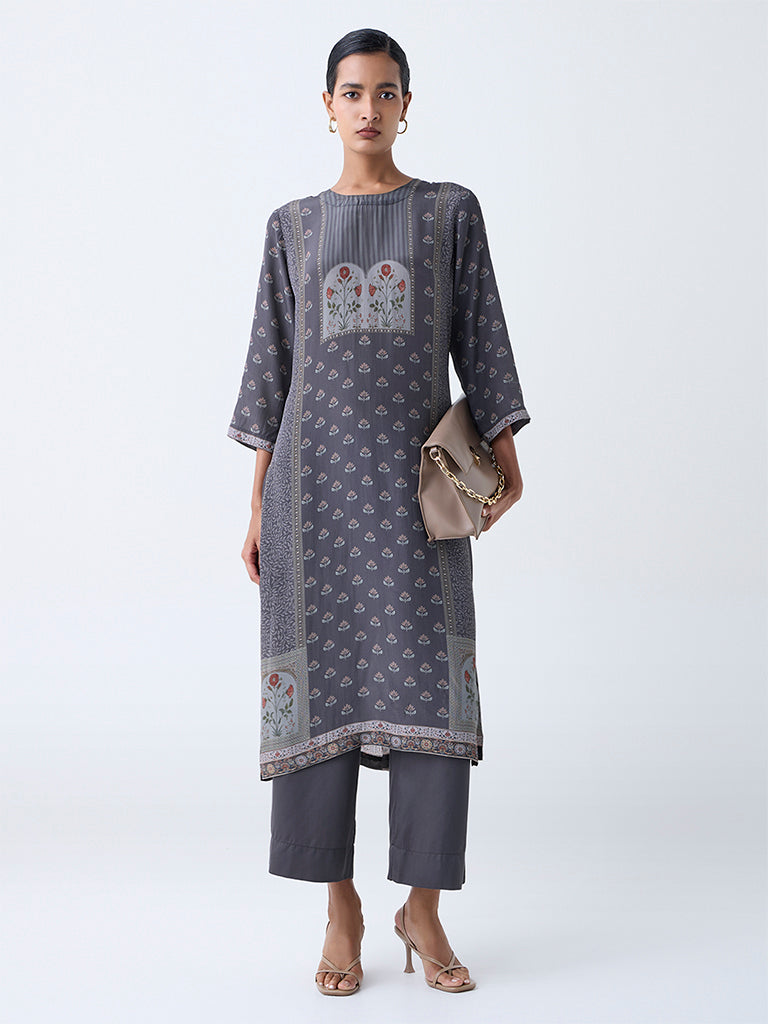 Buy Zuba Grey Floral Pattern A-Line Kurta from Westside