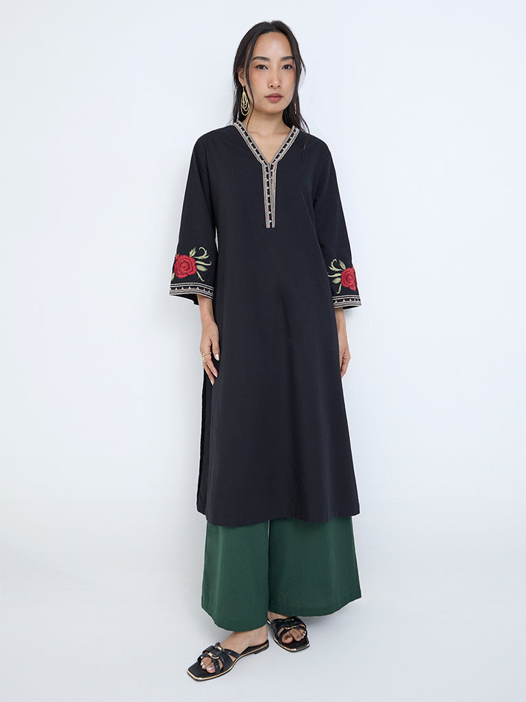 Buy Utsa Black Floral Embroidered Cotton-Blend A-Line Kurta from Westside