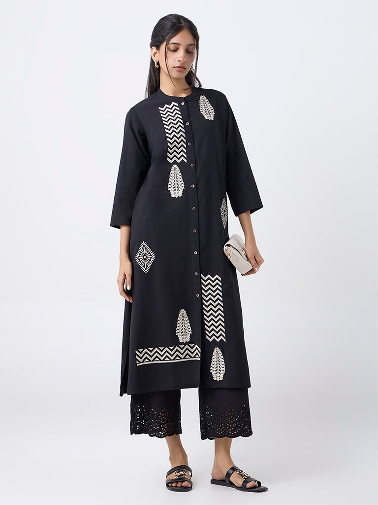 Buy Utsa Black Embroidered Cotton-Blend A-Line Kurta from Westside