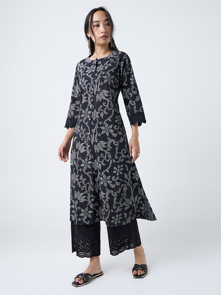 Buy Utsa Black Floral Pattern Cotton-Blend A-Line Kurta from Westside