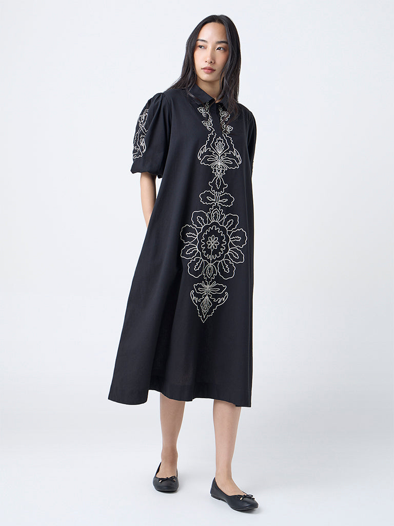 Buy Utsa Black Embroidered Cotton-Blend A-Line Dress from Westside