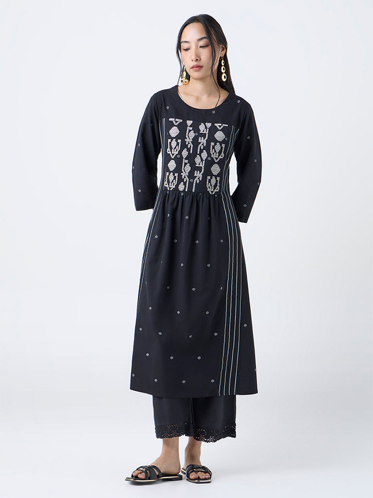 Buy Utsa Black Jamdani Embroidered Cotton-Blend A-Line Kurta from Westside