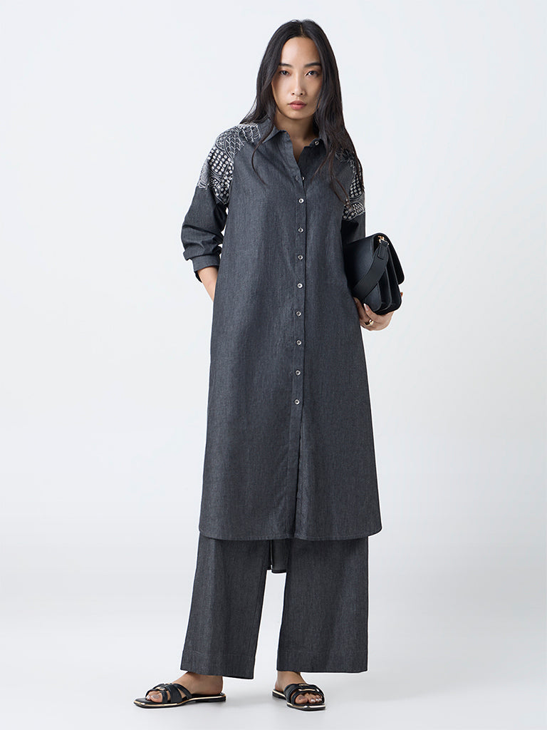 Buy Utsa Black Embroidered Denim A-Line Kurta from Westside