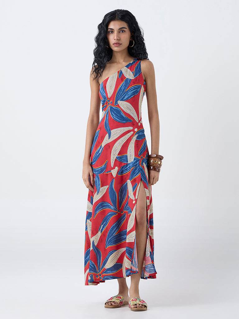 Buy Bombay Paisley Red Foliage Pattern One-Shoulder Cotton Dress from ...