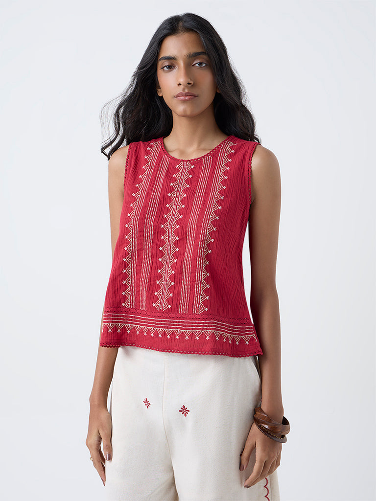 Buy Bombay Paisley Red Embroidered Cotton Top from Westside
