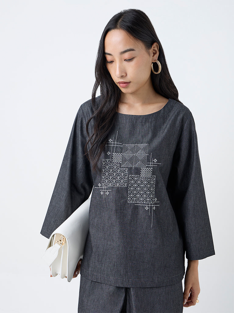 Buy Utsa Black Embroidered Denim Tunic from Westside